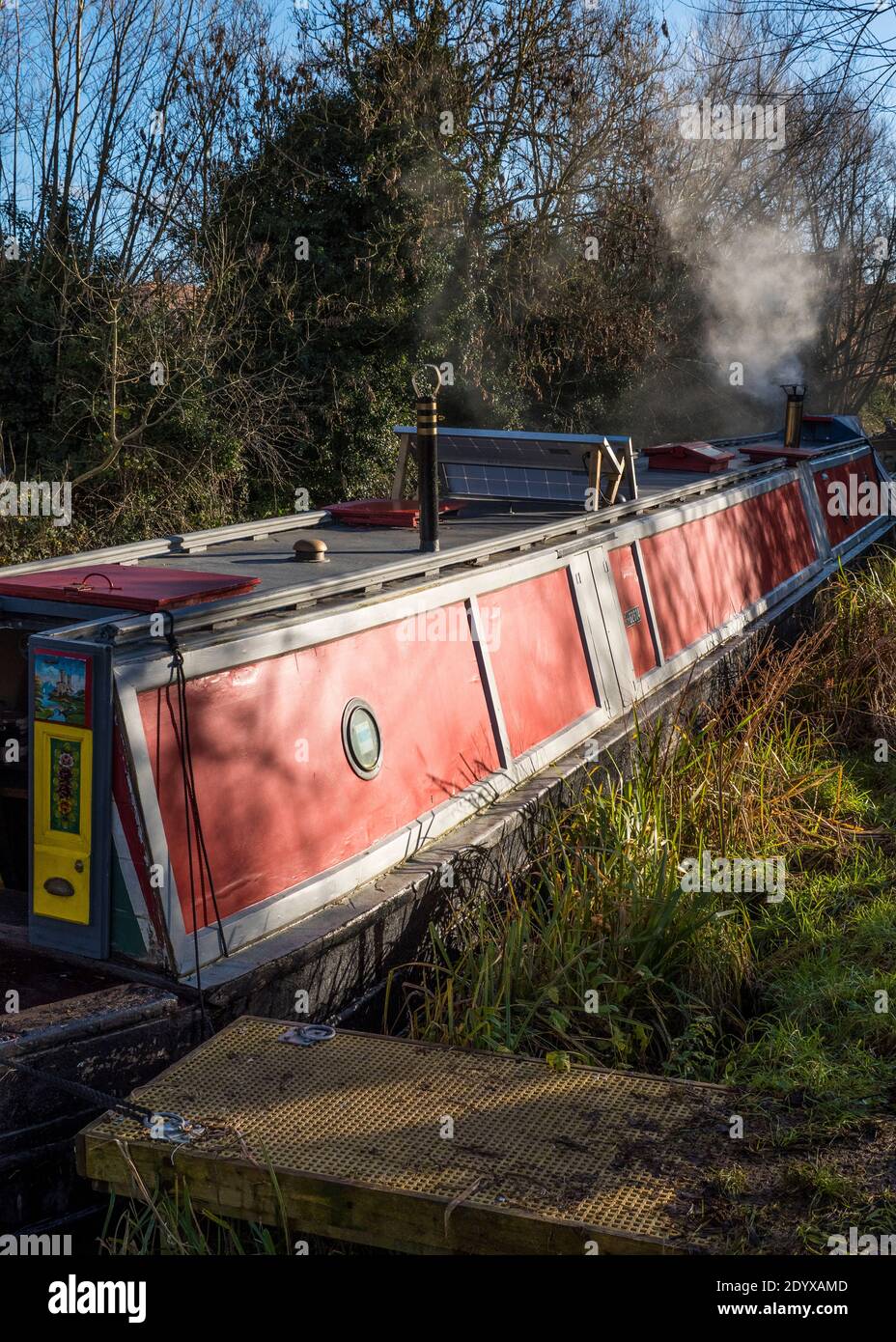 Red Narrow Boat with Wood Fire Burning, Oxford Canal, Oxford ...