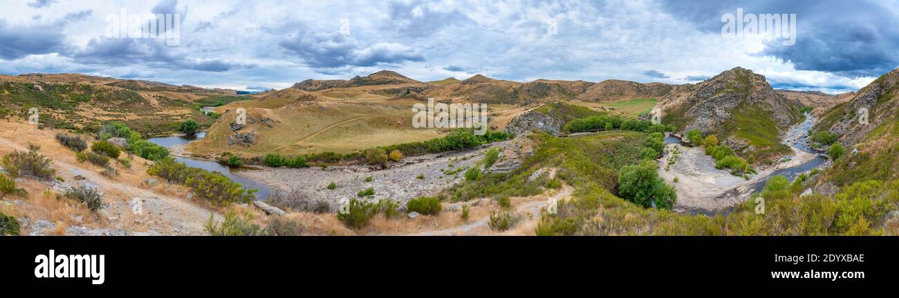 Valley of Taieri river at Central Otago Railway bicycle trail in New ...
