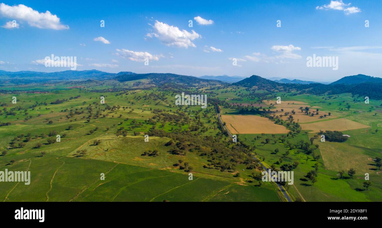 Aerial panoramic landscape of Australian countryside - green fields and ...