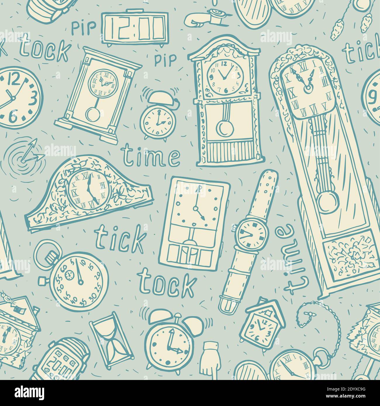 Seamless watches background. Vector time symbols. Hand-drawn ...