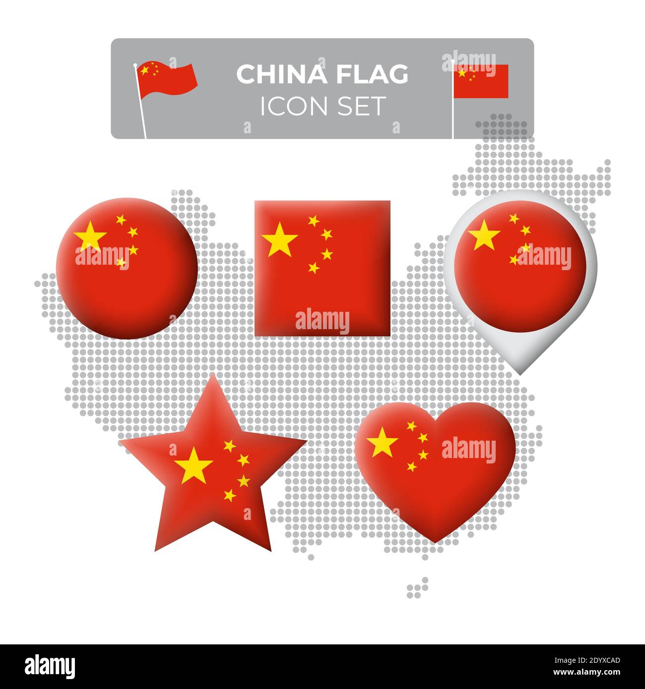 China flag icons set in the shape of square, heart, circle, stars and ...