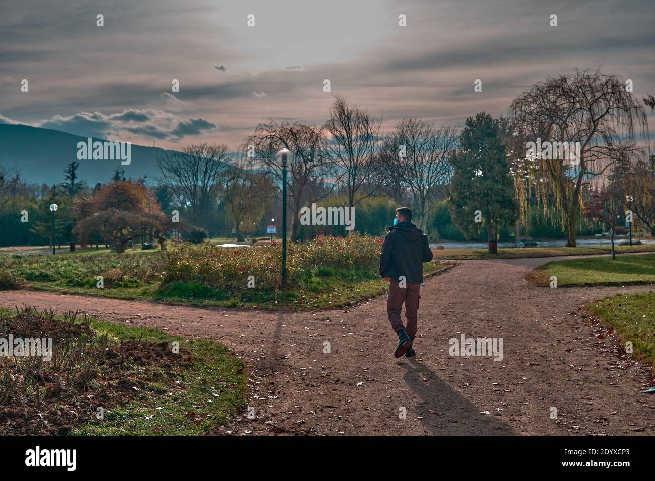 A man backside walking on soil walking path with huge ulu mountain ...