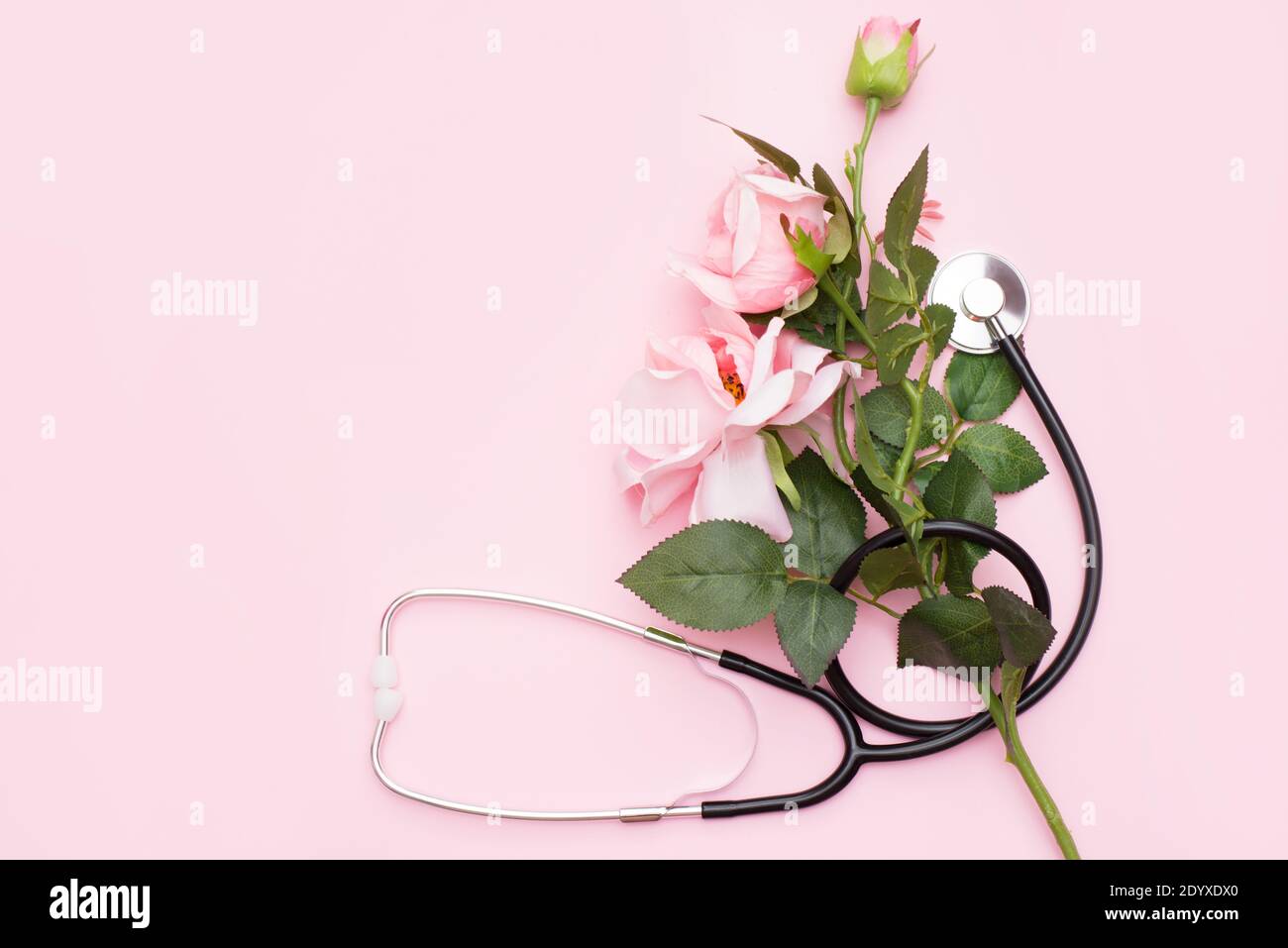 Bunch of rose flowers and stethoscope on pink background. National ...