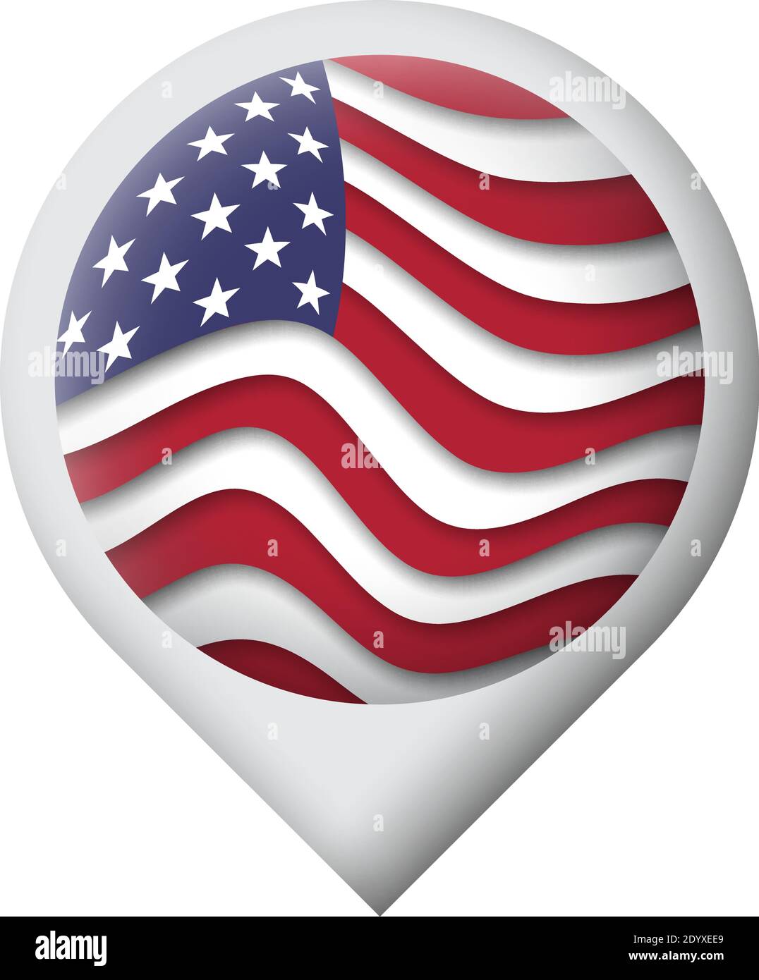 USA flag icon in the shape of pointer, map marker. Waving in the wind ...