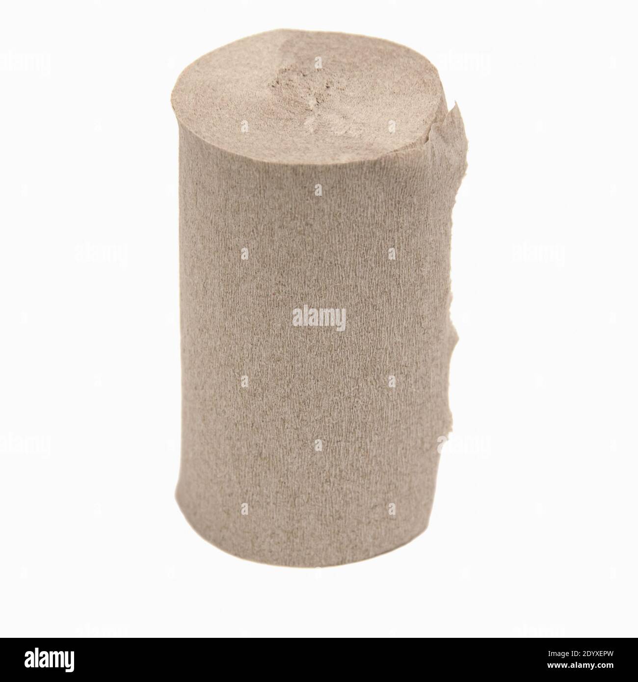 Half a roll of stiff toilet paper, standing on an isolated white ...