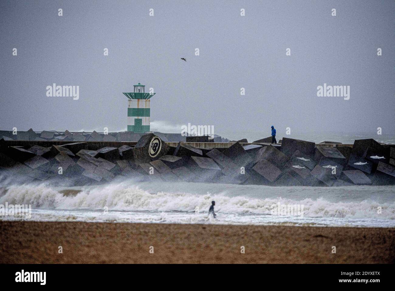 People brave storm on the beach in Scheveningen beach, during code ...