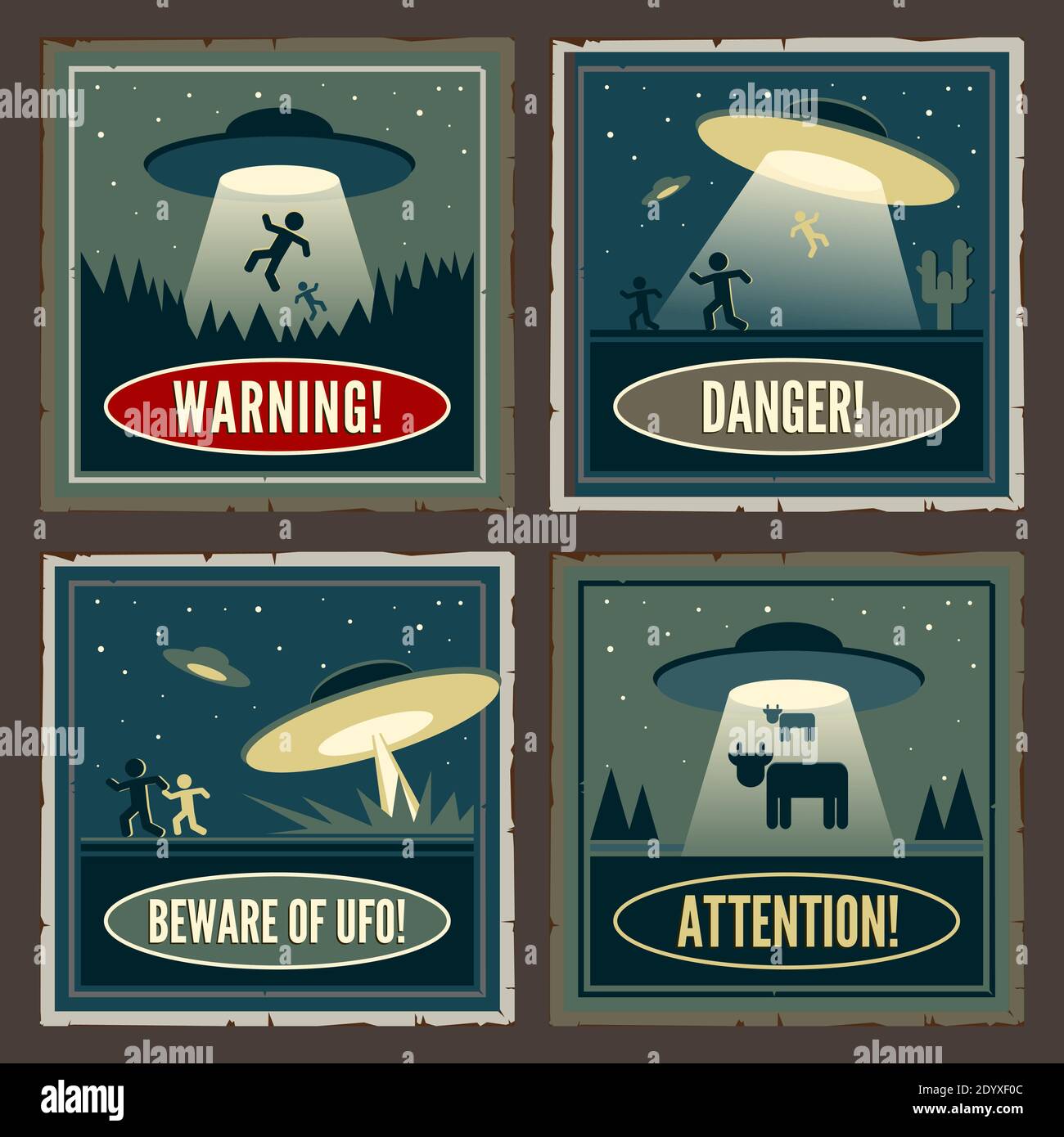 Retro style UFO poster. Four vintage signs with extraterrestrial ...