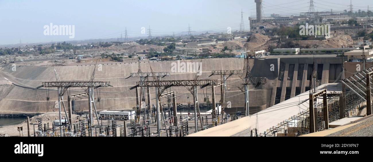 Aerial panoramic shot of the Aswan Embankment Dam in Aswan, Egypt Stock ...
