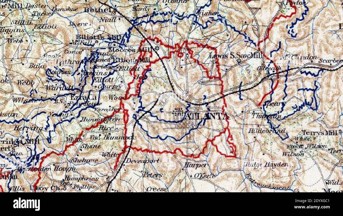 Illustration of an antique map of Sherman's Campaigns against Atlanta ...