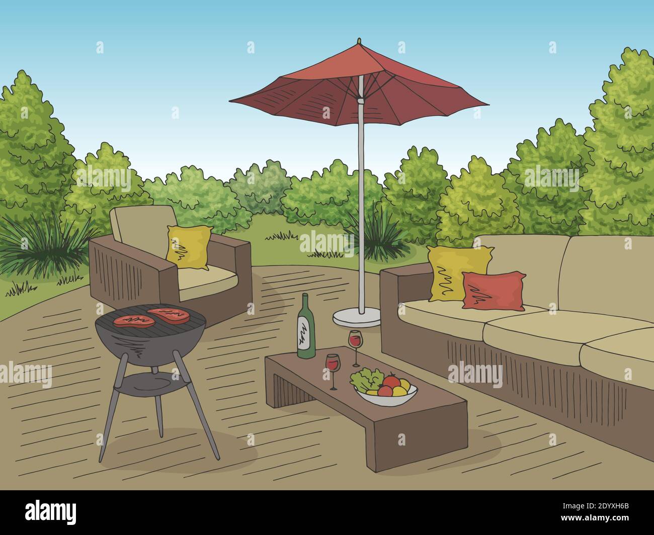 Barbecue graphic color landscape sketch illustration vector Stock ...