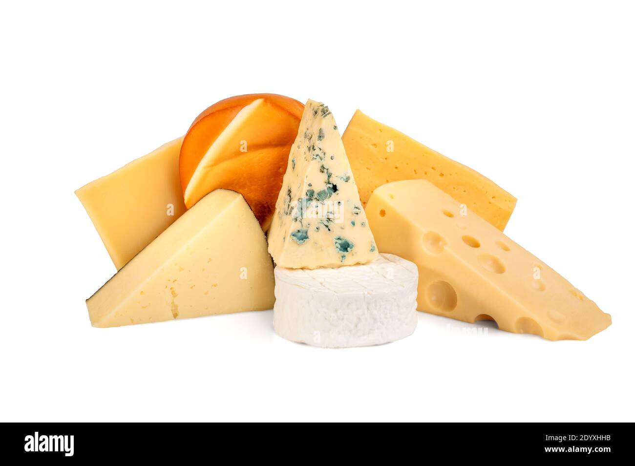 Various types of cheese isolated on white background. blue cheese ...