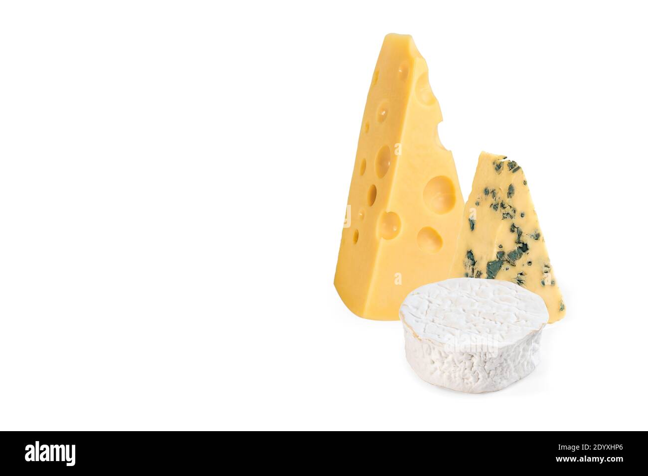 Maasdam, brie, blue cheese. three pieces of different cheese isolated ...