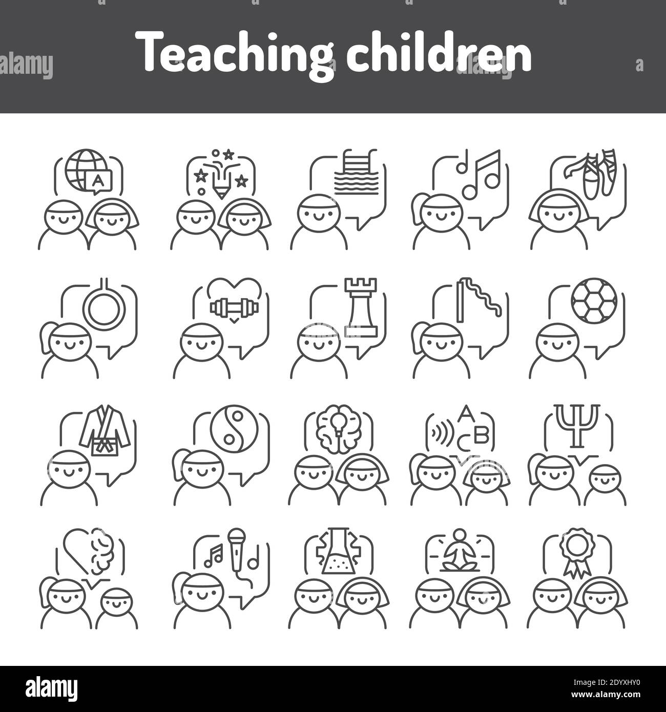Teaching children color line icons set. Pictograms for web page, mobile ...