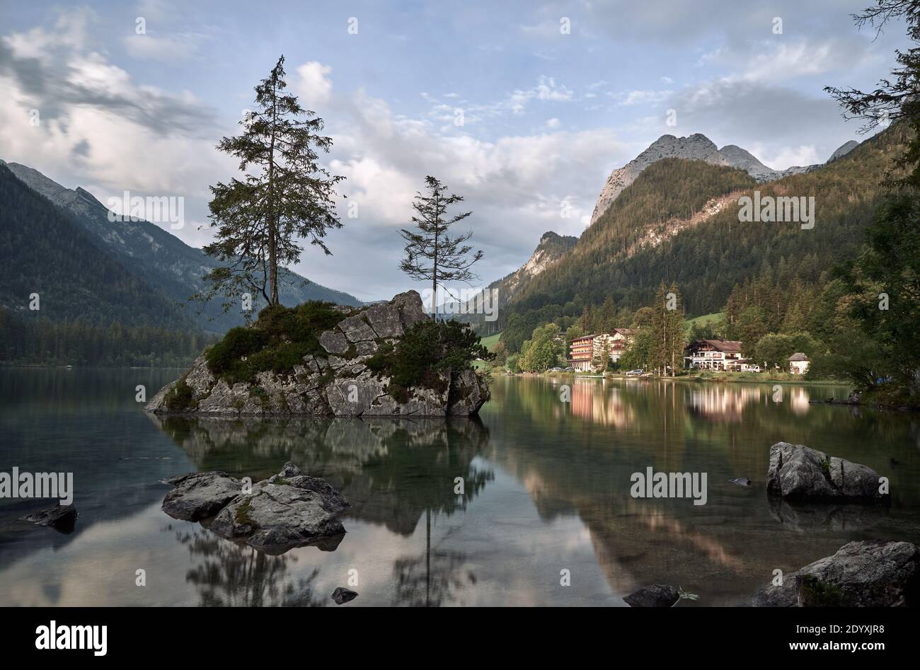 Lake Hintersee in front of scenic mountain landscape in Ramsau, Germany ...