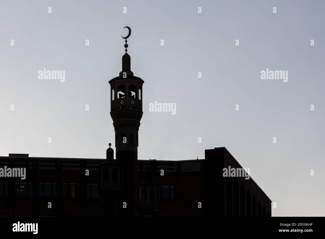 Silhouette of East London Mosque, Islamic Muslim Centre, minaret with ...