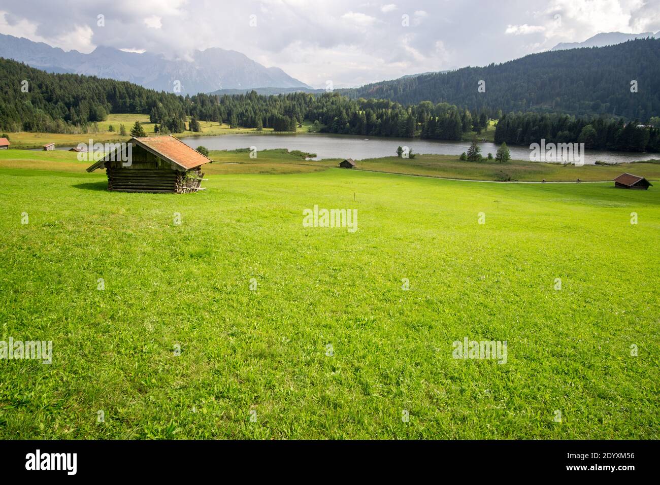 hut on meadows by Geroldsee lake, Bavarian Alps, Germany Stock Photo ...