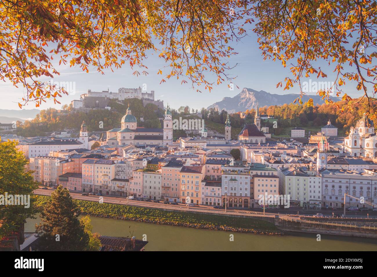 Early morning view of Salzburg, Austria and the Salzach River with ...