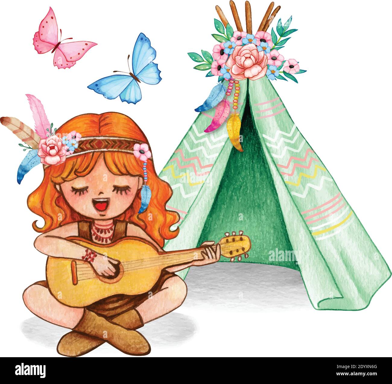 Cute watercolor ginger girl playing guitar and singing Stock Vector ...