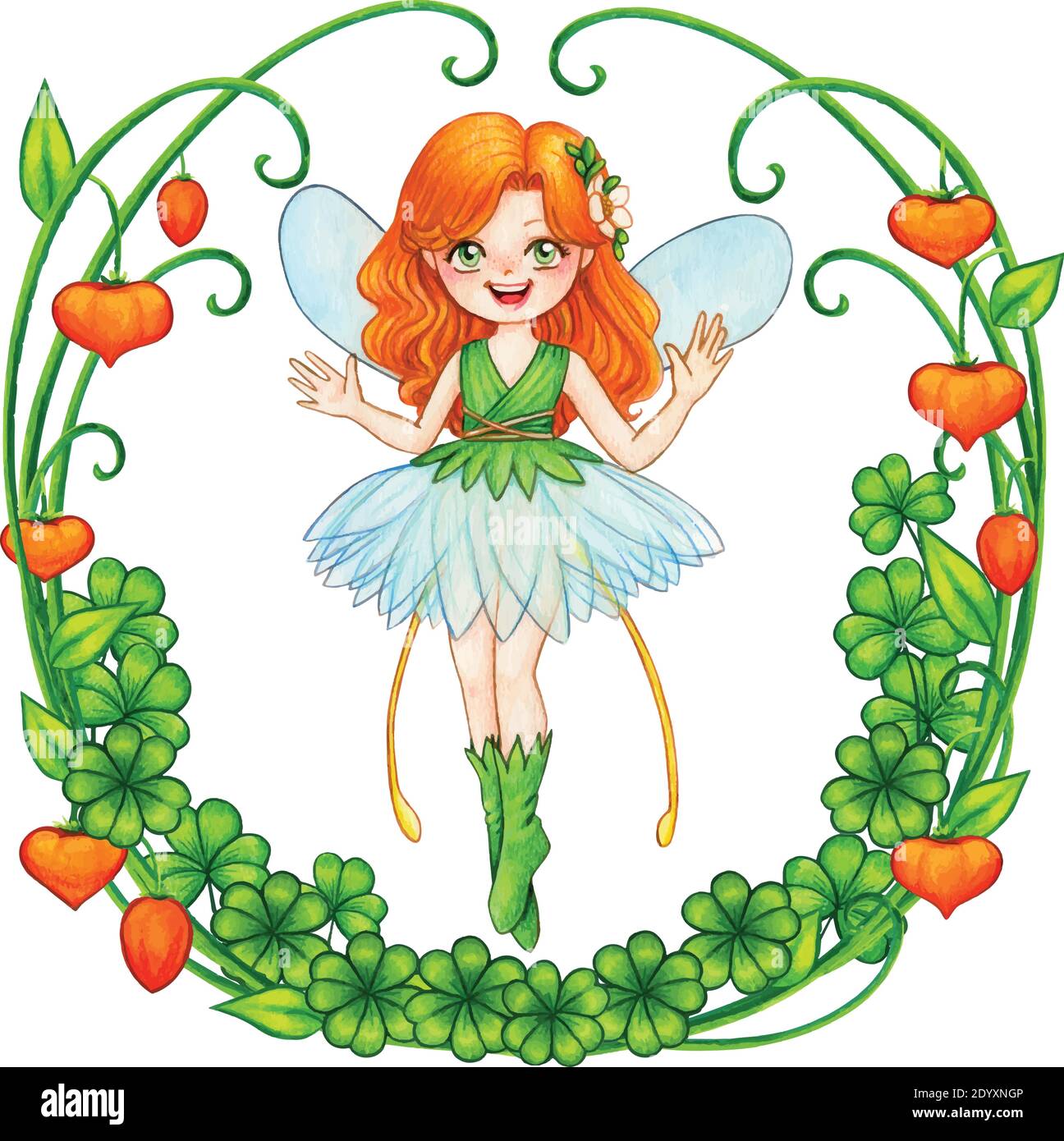 Watercolor ginger fairi in a floral wreath Stock Vector Image & Art - Alamy