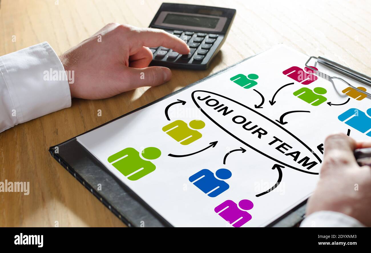 Join our team concept with hand using a calculator Stock Photo - Alamy
