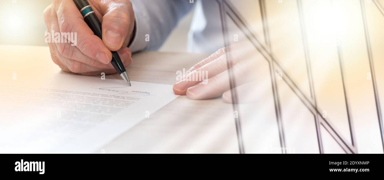 Man signing a legal document, light effect; multiple exposure Stock ...