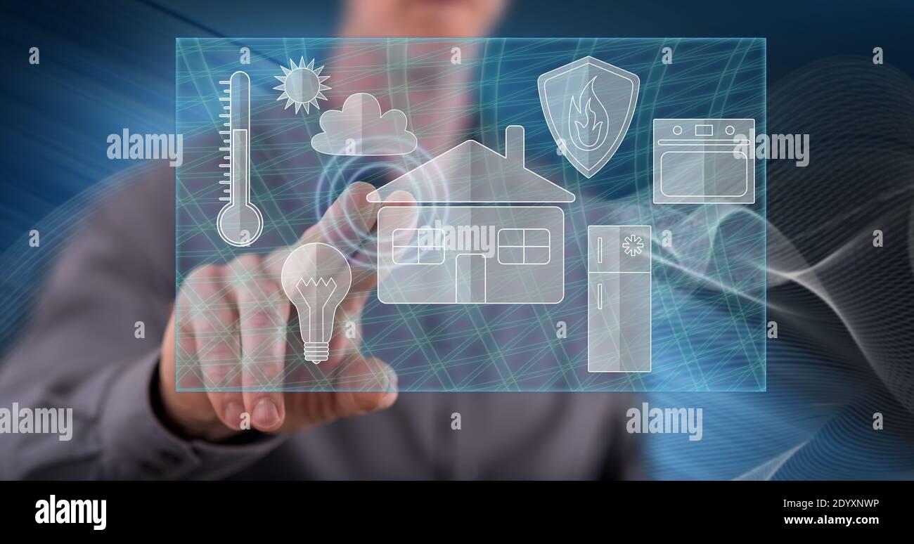 Man touching a smart home concept on a touch screen with his finger ...