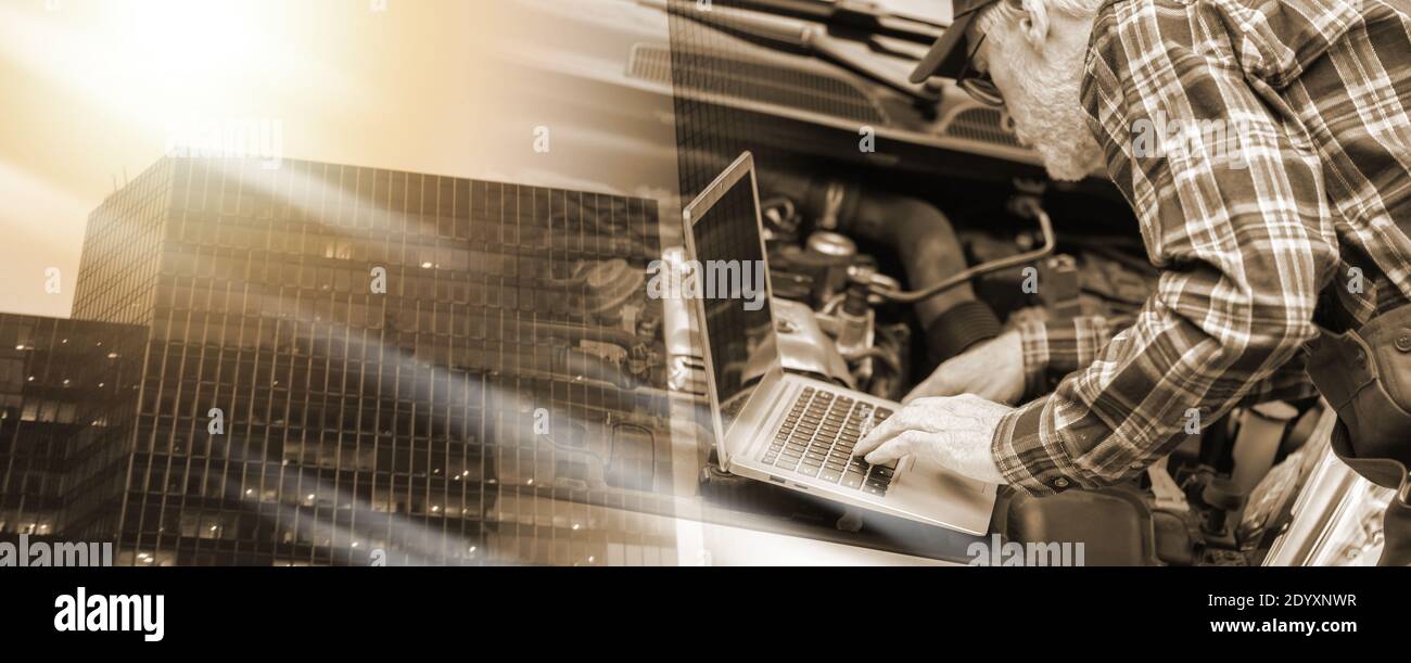 Car mechanic using laptop for checking car engine; multiple exposure ...