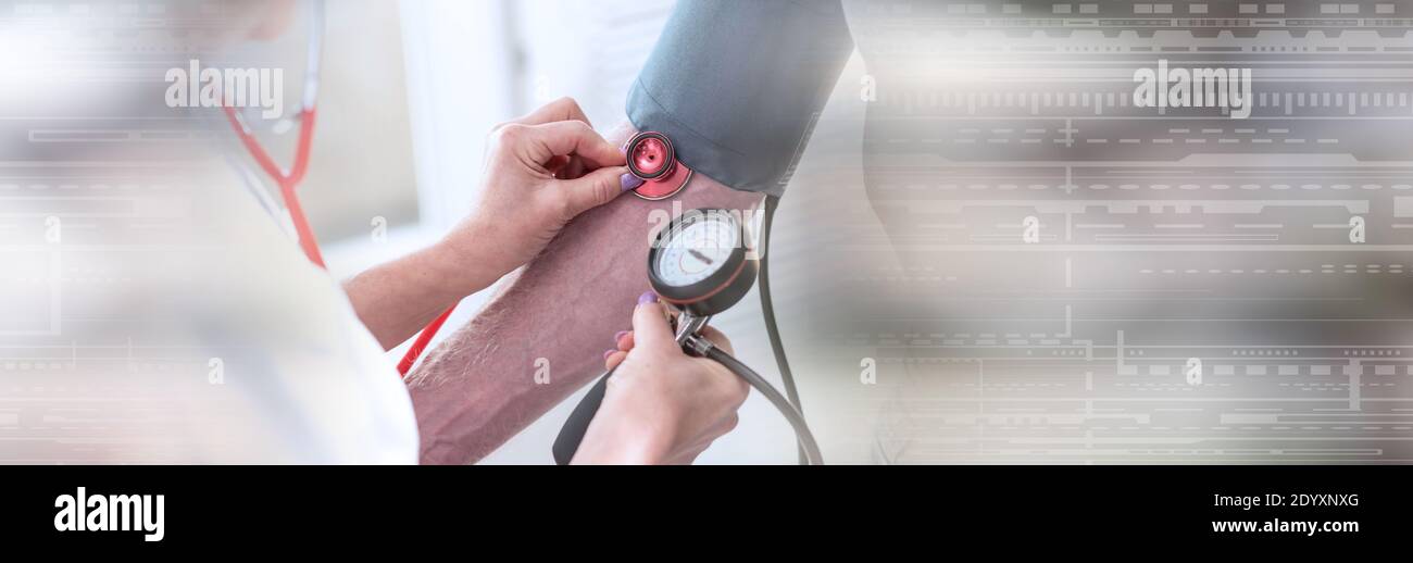 Mesure of blood pressure with sphygmomanometer; panoramic banner Stock ...