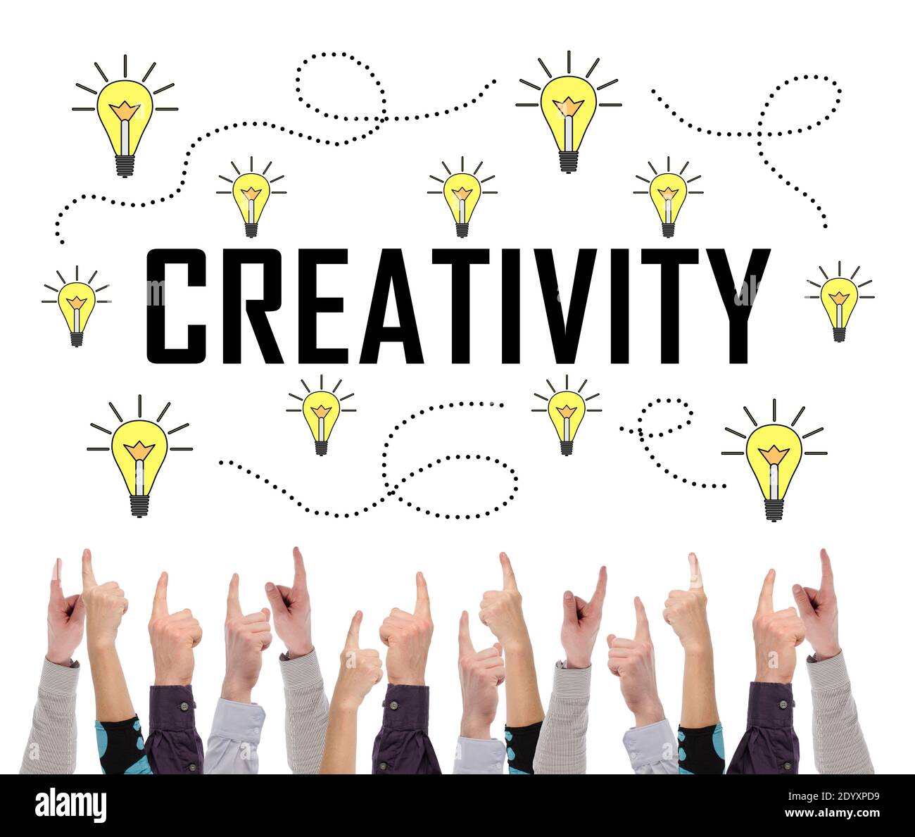 Creativity concept on white background pointed by several fingers Stock ...