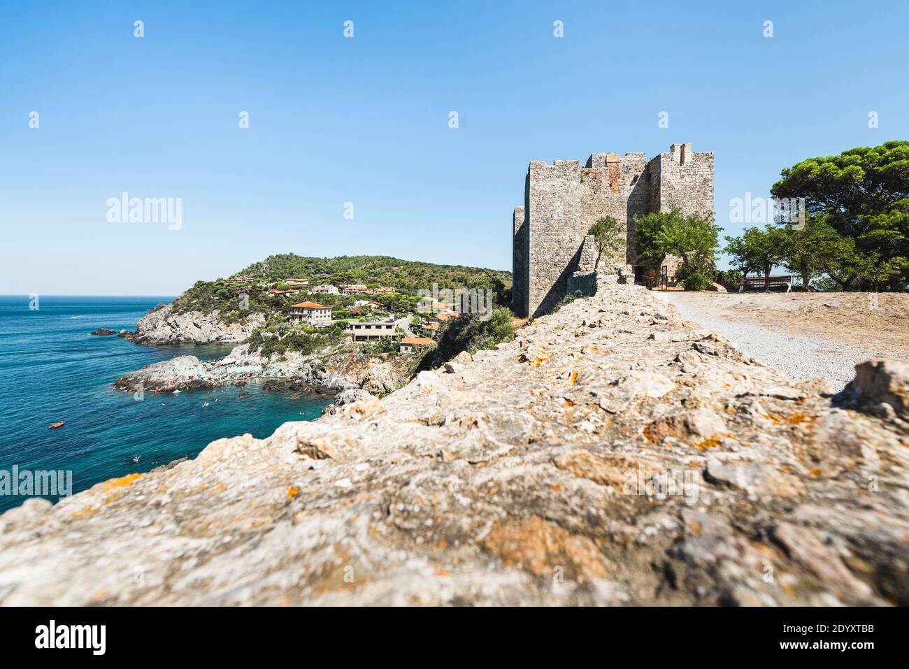 View from the castle wall of the Rocca Aldobrandesca castle in Talamone ...