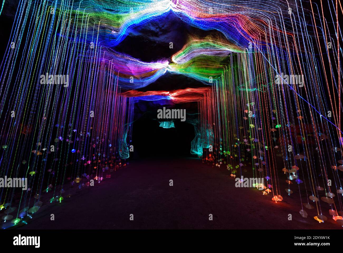 Lighting decorate on the cave like waterfall shape in lighting festival ...