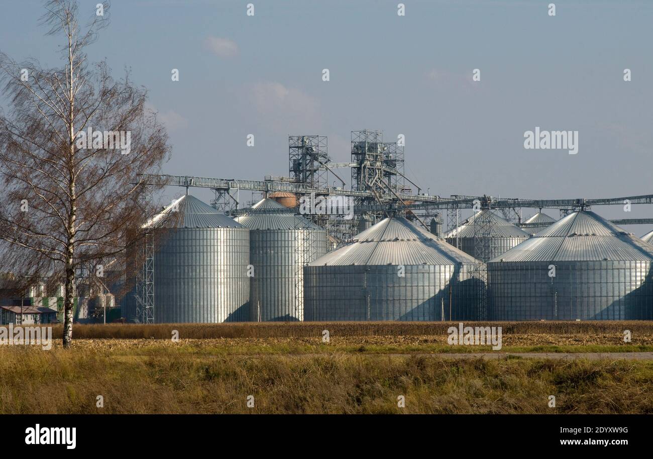 Grain elevators among autumn landscape Stock Photo - Alamy