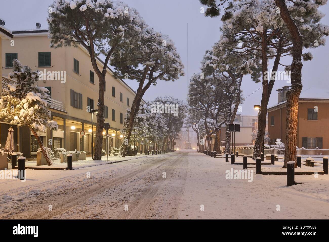 Dalmine near Bergamo, cityscape after heavy snowfall at dawn, Lombardy ...