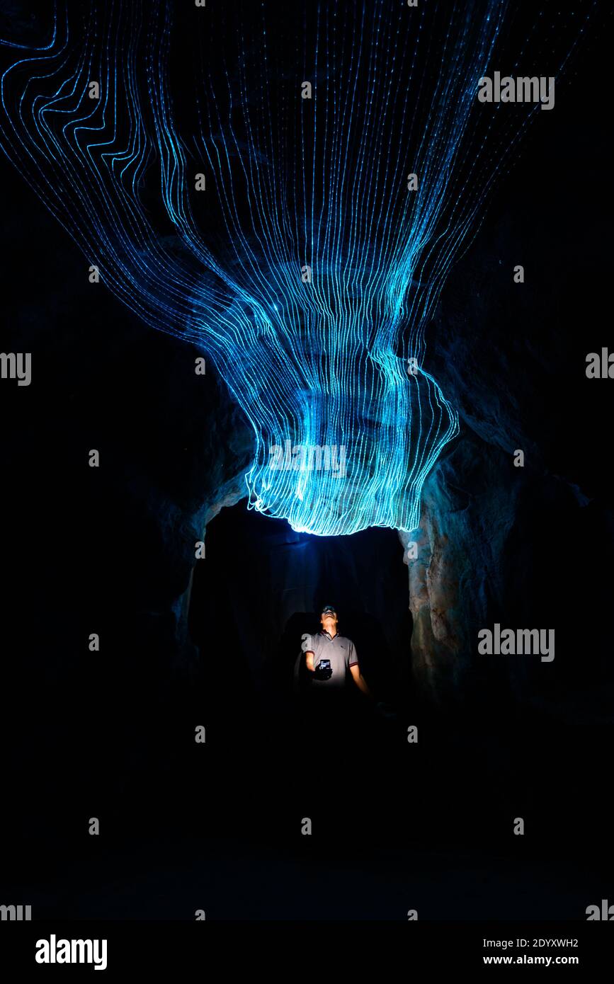 Lighting decorate on the cave like waterfall shape in lighting festival ...