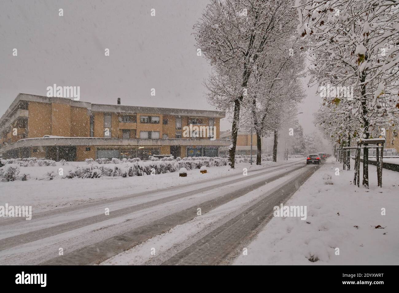 Dalmine near Bergamo, cityscape after heavy snowfall at dawn, Lombardy ...