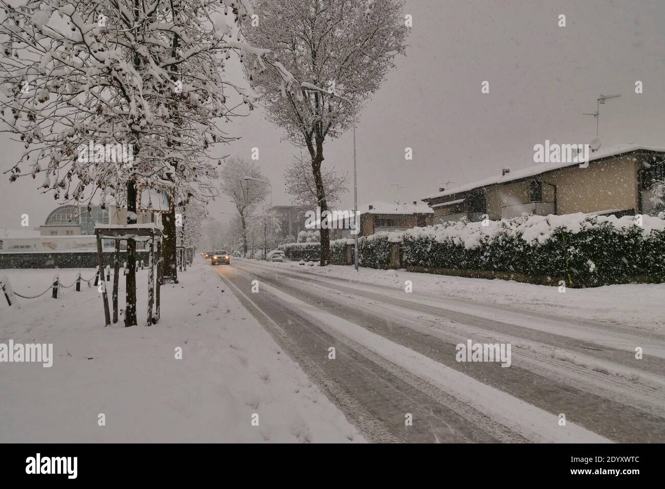 Dalmine near Bergamo, cityscape after heavy snowfall at dawn, Lombardy ...