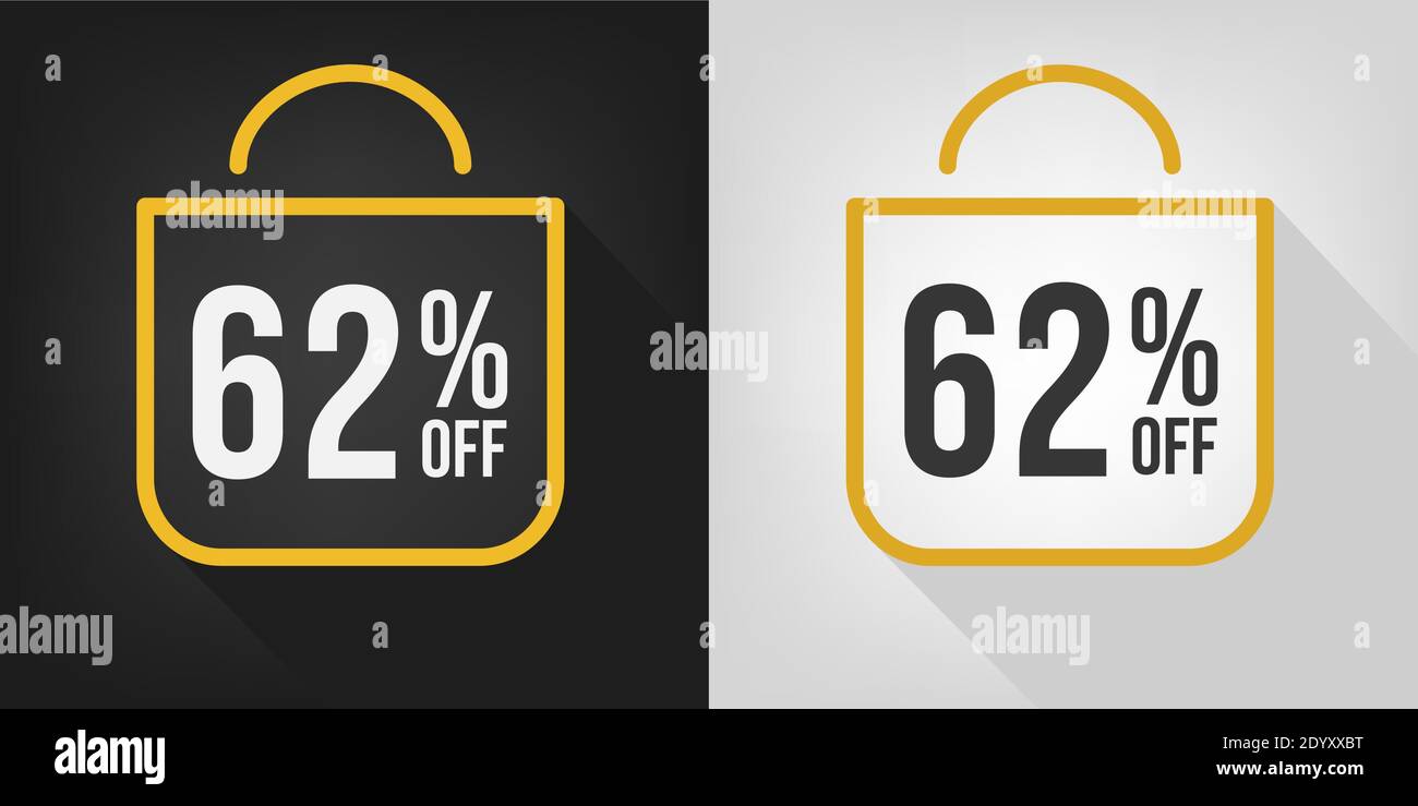 62 percent off. Black, white and yellow banner with sixty-two percent ...