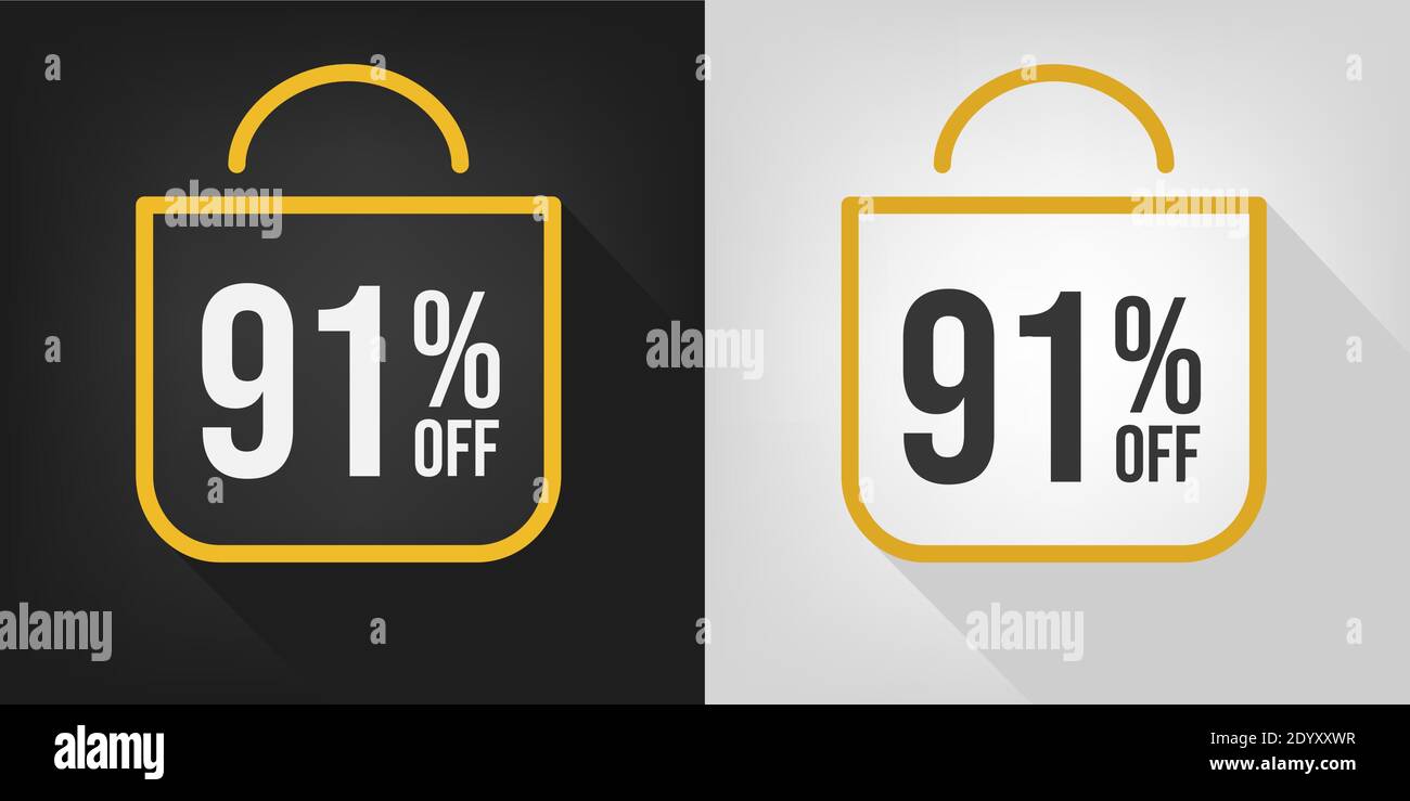 91 percent off. Black, white and yellow banner with ninety-one percent discount. Shopping bag ...