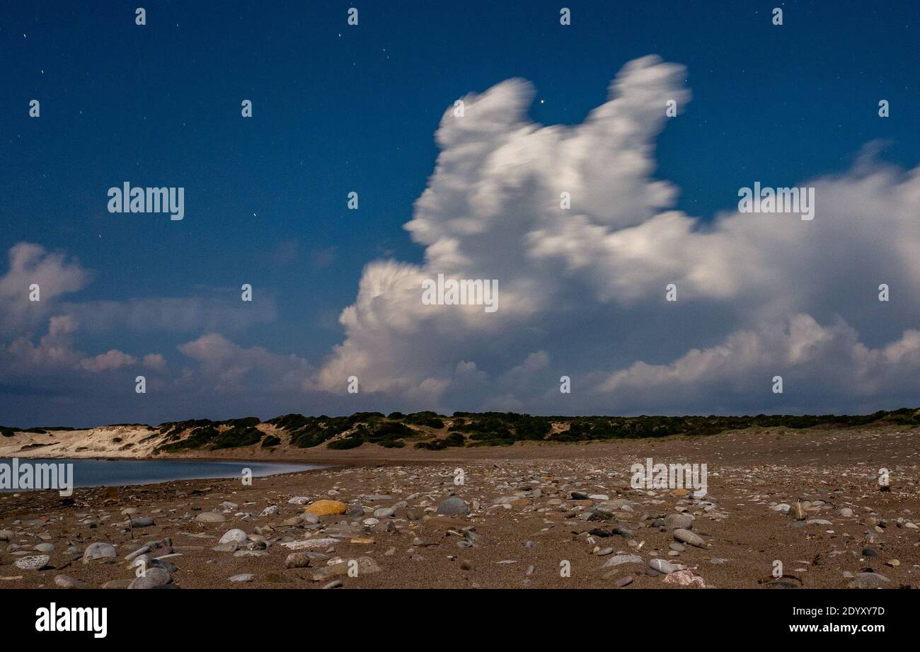 Sandy and pebble beach of the Mediterranean Sea, shot in calm weather ...