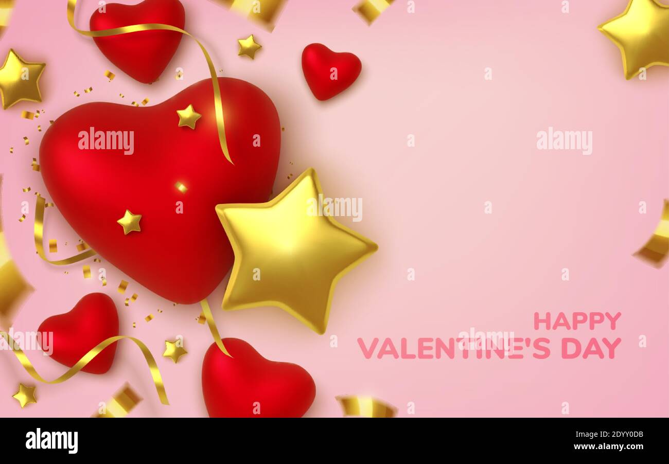 Valentines Day greeting card. Realistic 3d red hearts in tinsel Stock ...