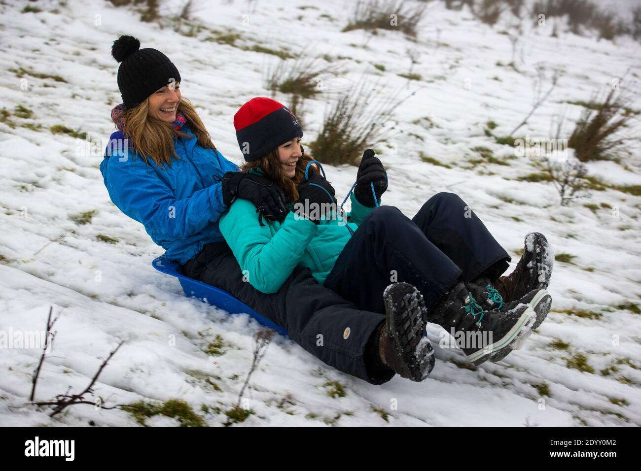 Claire Monaghan sledging with her daughter Isabella Monaghan on Divis ...