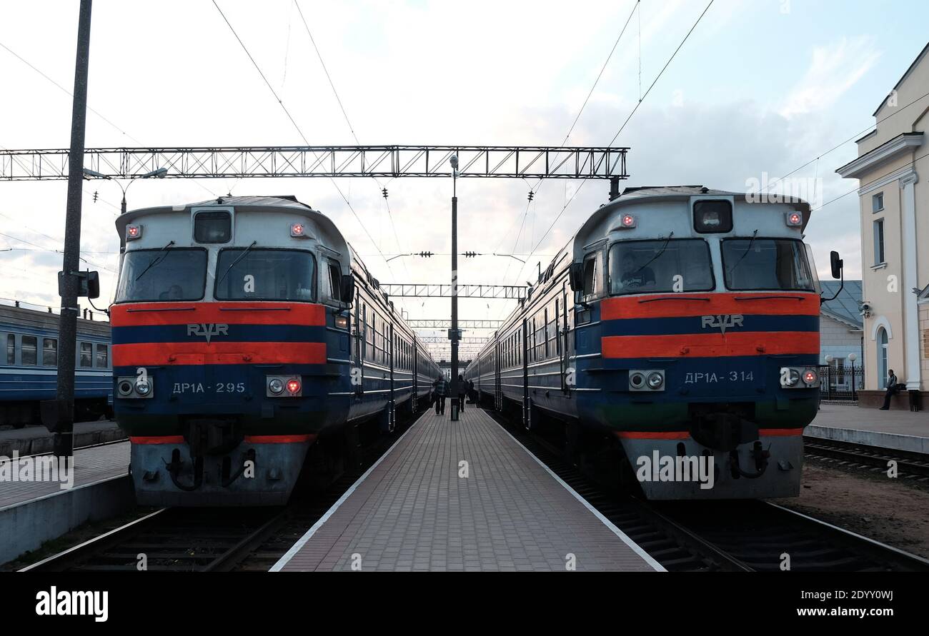May 5, 2015 Baranovichi, Belarus. Two suburban electric trains near the ...