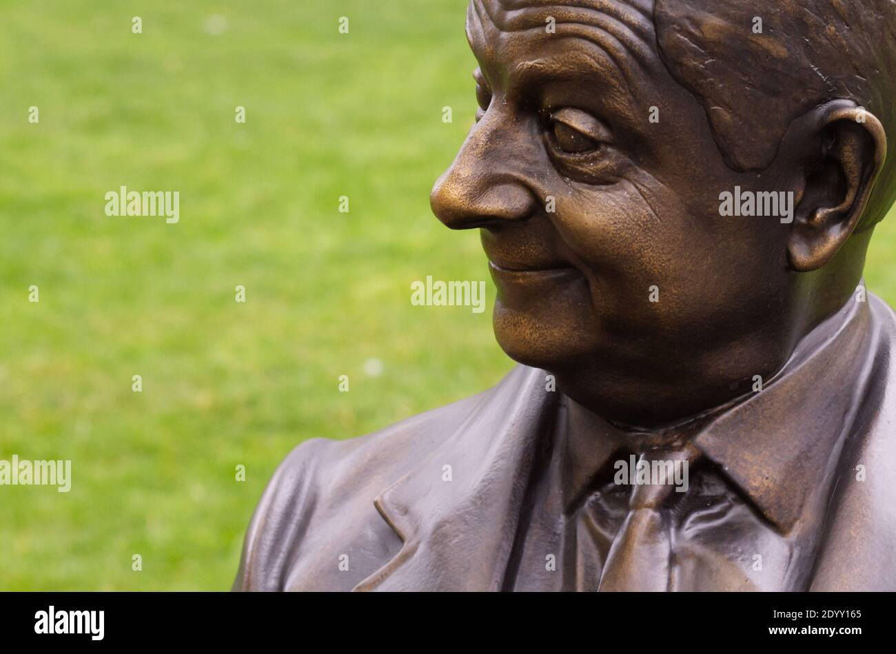 London, UK, May, 2020: Mr Bean without a face mask as a bronze sttue on ...