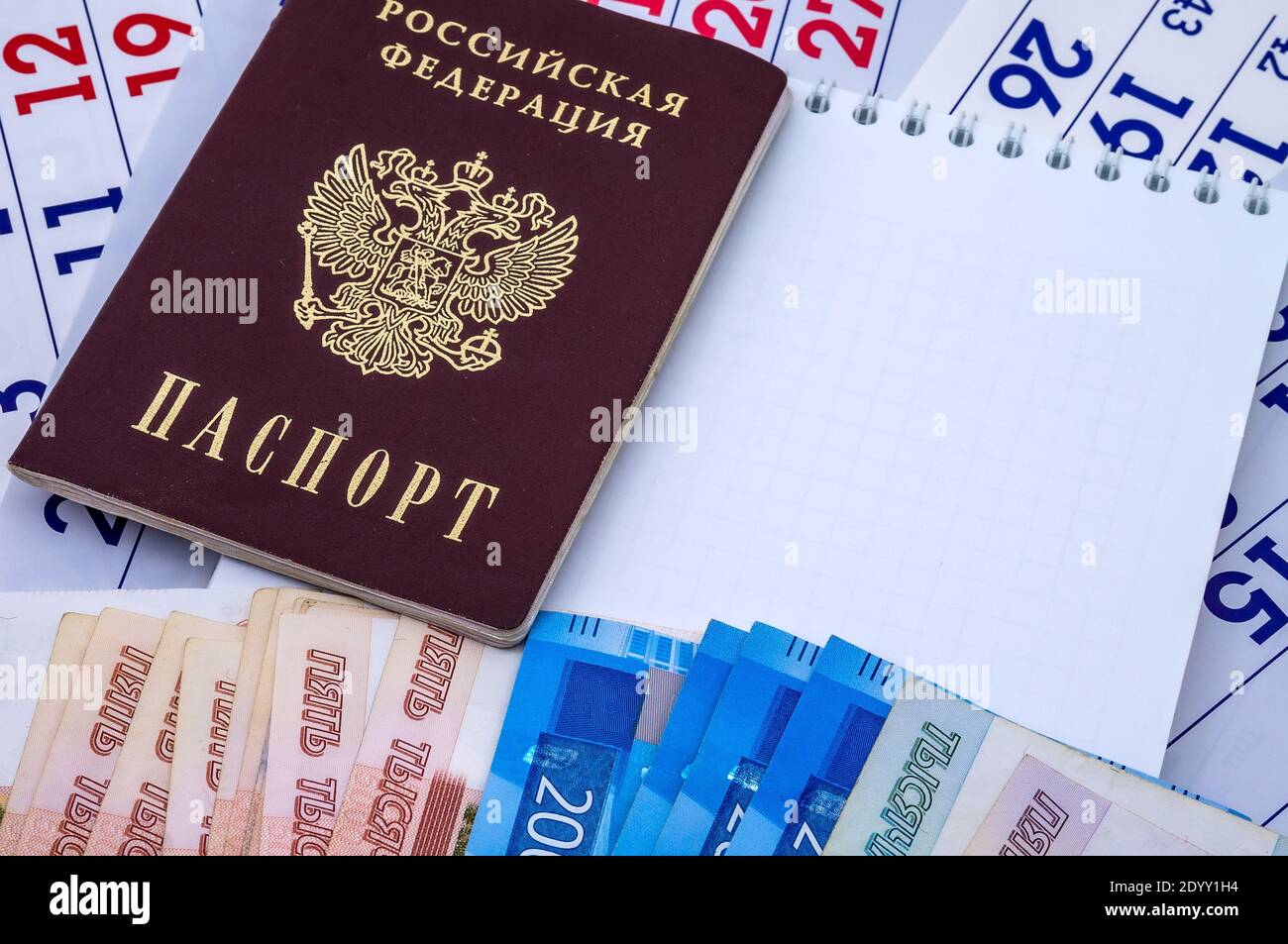 Notepad for notes and Russian money, Russian passport and rubles Stock ...