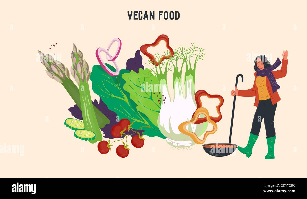 Vegan food banner or poster backdrop with tiny woman cartoon character ...