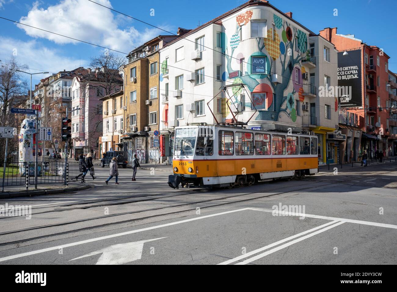 SOFIA, BULGARIA - DECEMBER 28 2020: Graf Ignatiev street and tram in ...