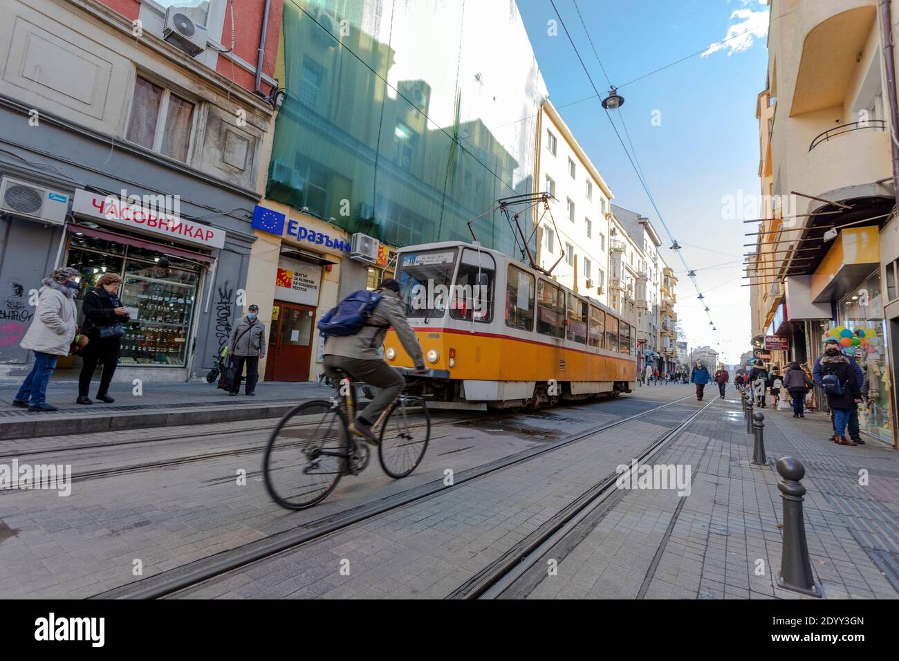 SOFIA, BULGARIA - DECEMBER 28 2020: Graf Ignatiev street and tram in ...
