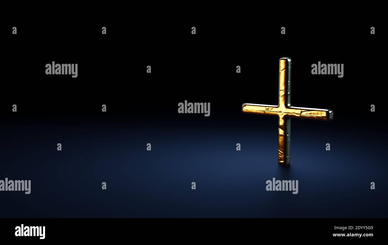 3d rendering thin plus symbol wrapped in gold thermal foil plate on ...