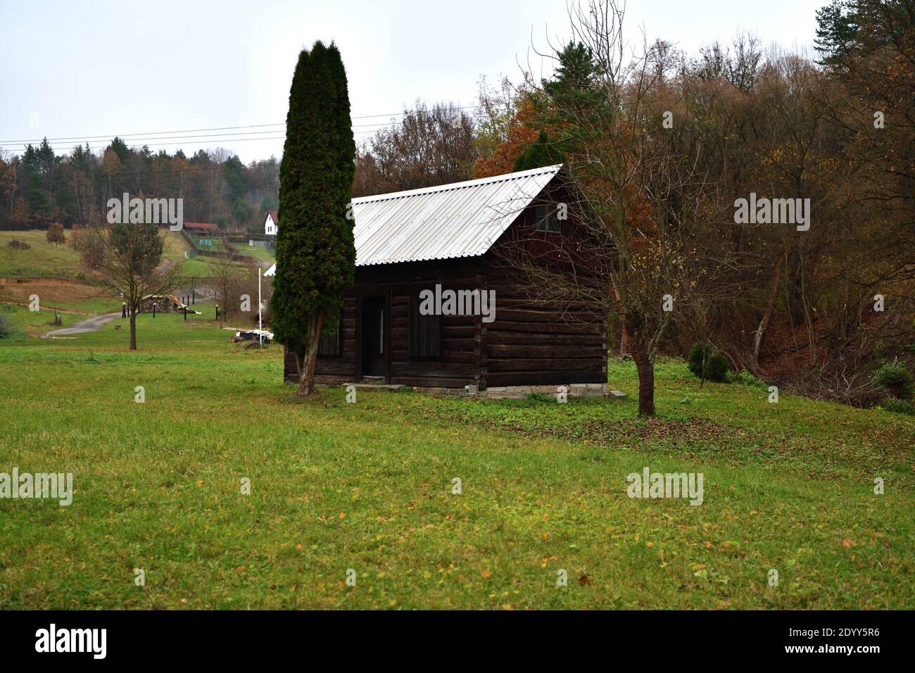 Wooden lonely cottage on a meadow near the forest for tourists Stock ...