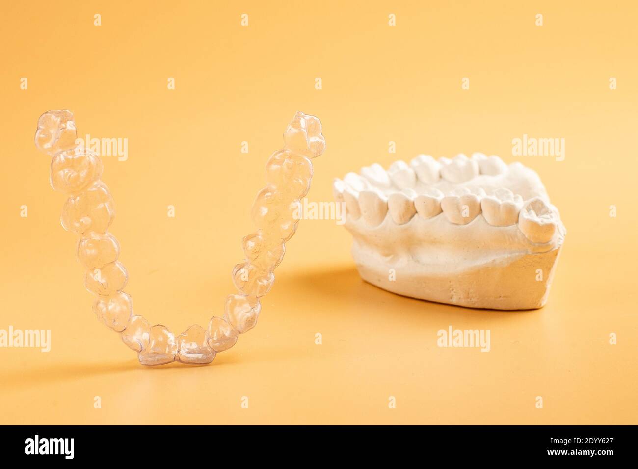 Close-up individual tooth tray Orthodontic dental theme. In hand ...